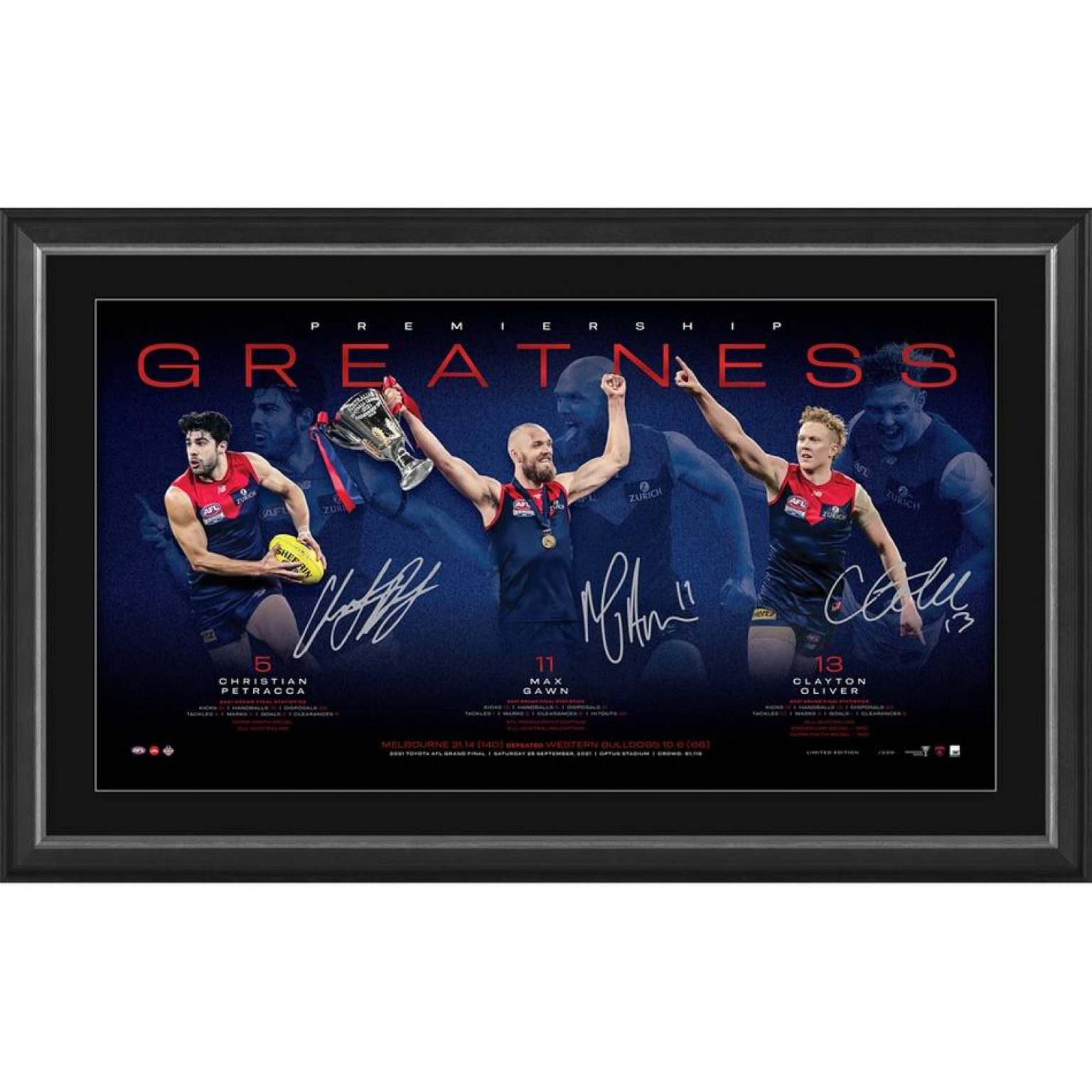 MELBOURNE DEMONS 2021 PREMIERS TRIPLE SIGNED & FRAMED LITHOGRAPH ...
