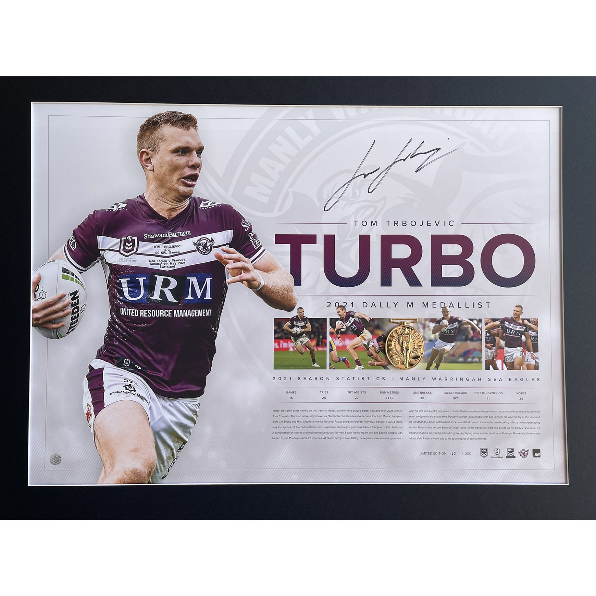 NRL - Manly Sea Eagles - Tom "Tommy Turbo" Trbojevic Dally M Signed & Framed Lithograph ...