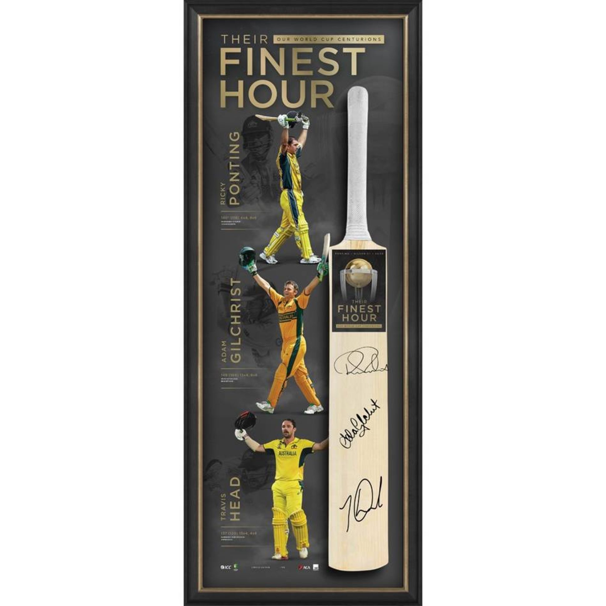 CRICKET - RICKY PONTING, ADAM GILCHRIST, TRAVIS HEAD SIGNED BAT DISPLAY ...