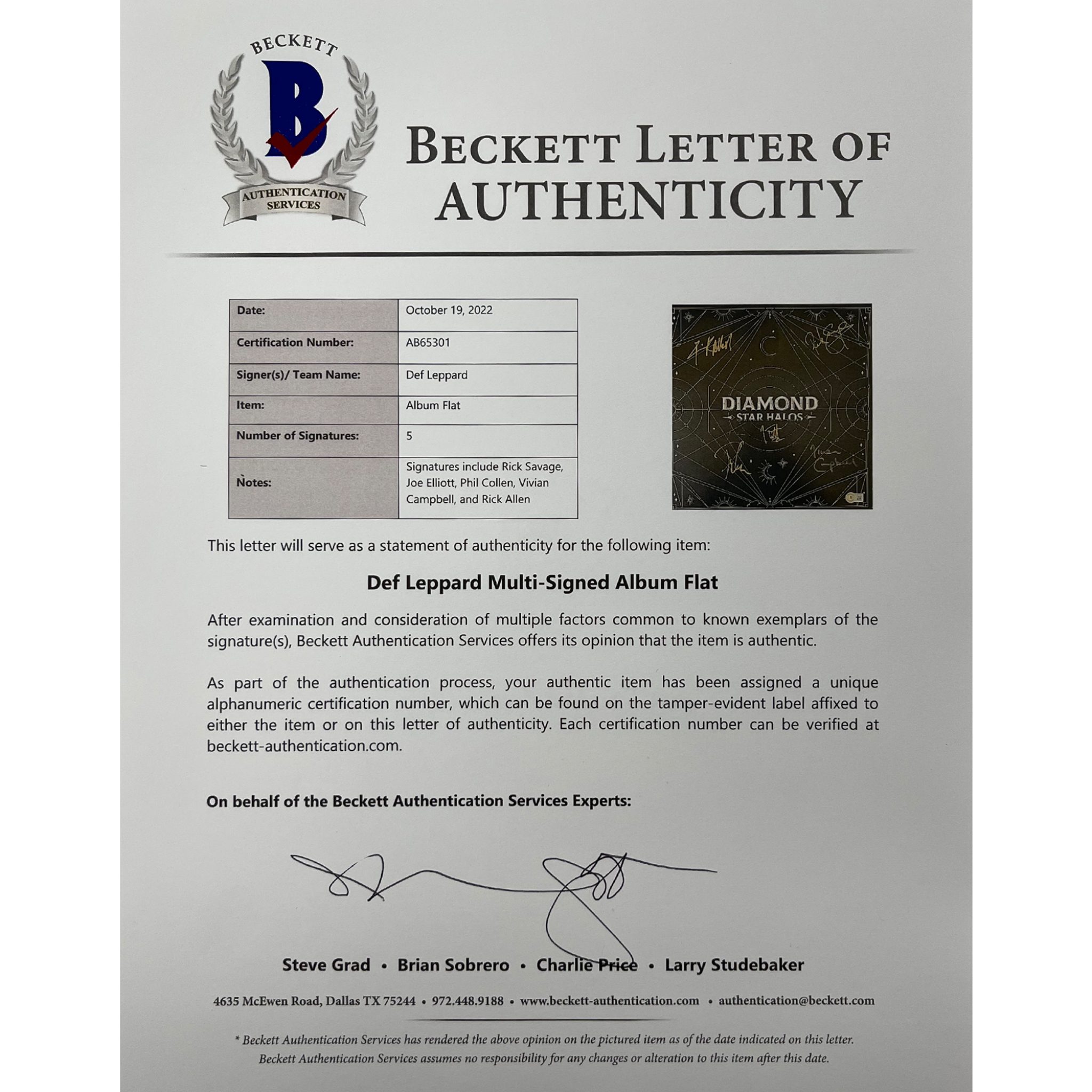 Music - Def Leppard - DIAMOND STAR HALOS Framed Vinyl Album With Signed Print (Beckett LOA ...