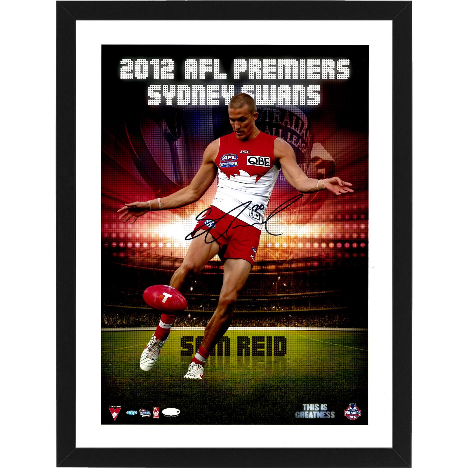 Sydney Swans - SAM REID Signed & Framed 2012 Premiers Hero Shot Print ...